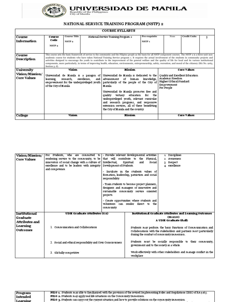 National Service Training Program (NSTP) 2: Course Syllabus Course Information | PDF | Community ...