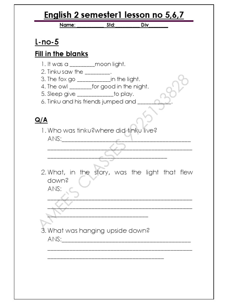 English 2 Semester1 Lesson No 5,6,7: Fill in The Blanks | PDF ...