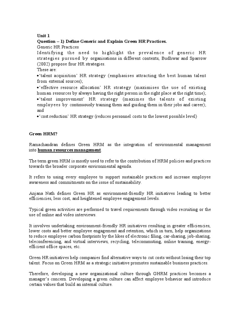 Unit 1 Question - 1) Define Generic and Explain Green HR Practices ...