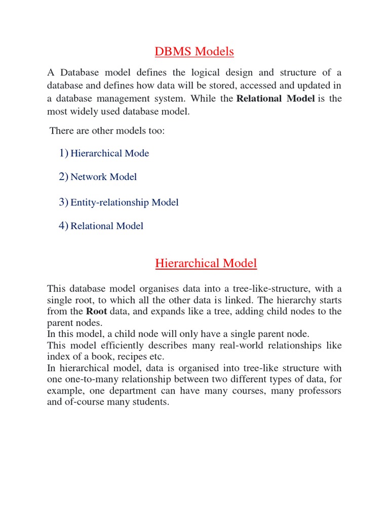 DBMS Models: Hierarchical Mode Network Model Entity-Relationship Model Relational Model | PDF ...