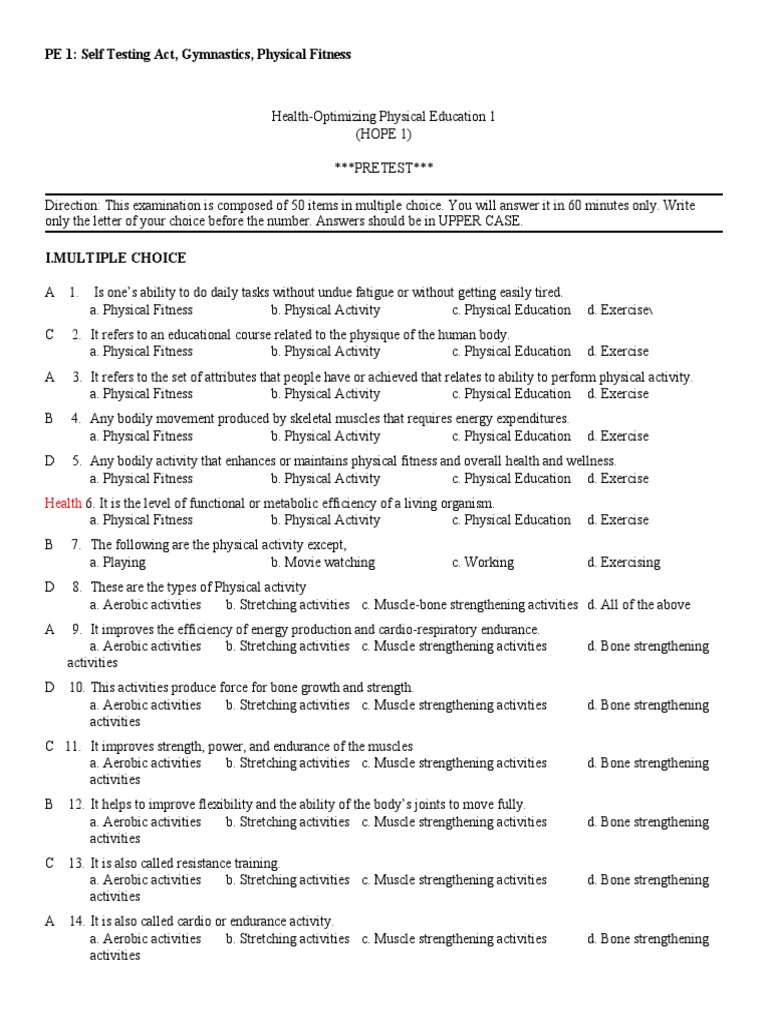 PE 1: Self Testing Act, Gymnastics, Physical Fitness: Health | PDF ...
