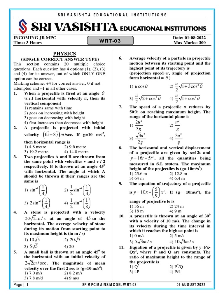 Incoming JR MPC Wrt-03 - DT 01-08-2022 - QP | PDF | Projectiles | Electron