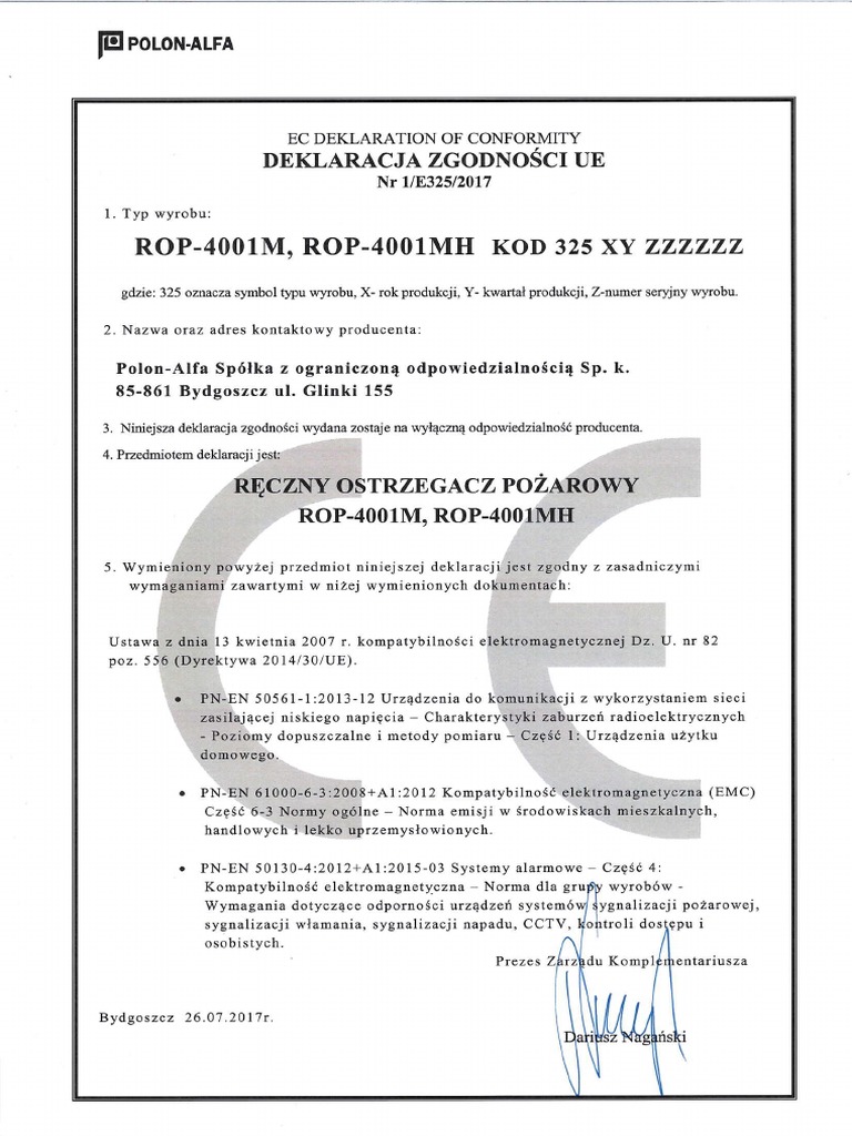 Rop-4001m Deklaracja Zgodności Ue 1 E325 2017 | PDF