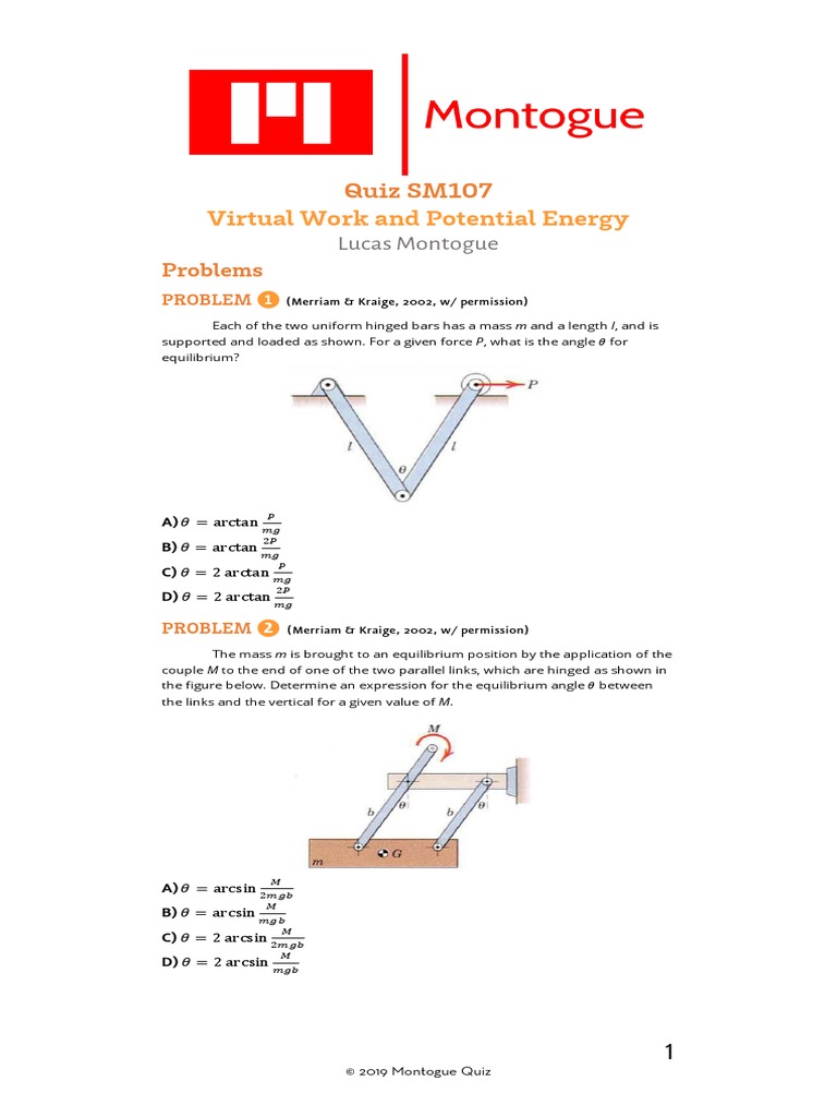 Virtual Work and Potential Energy: Quiz SM107 | PDF | Potential Energy ...