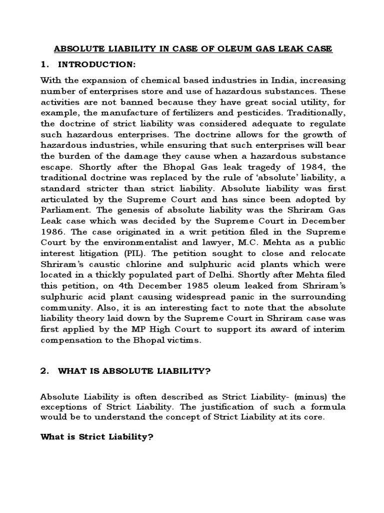Absolute Liability in Oleum Gas Leak | PDF | Strict Liability | Legal Liability