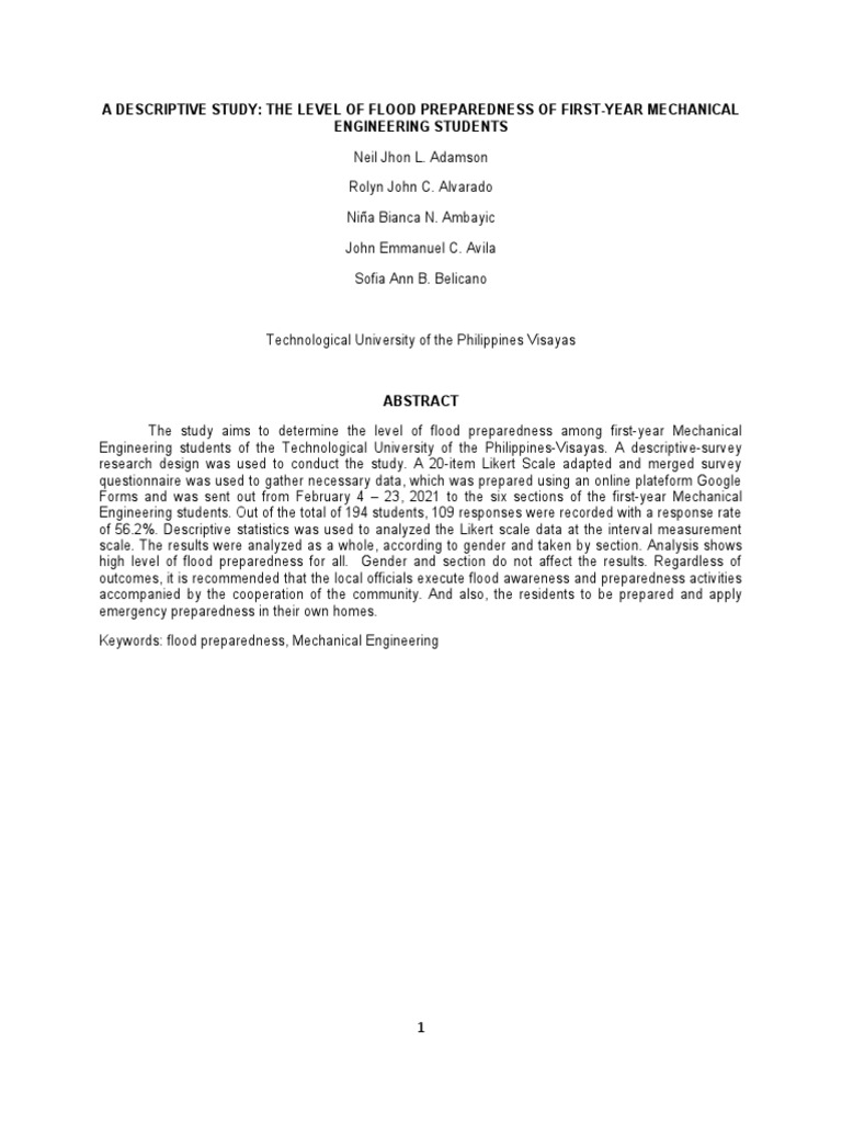 A Descriptive Study The Level of Flood Preparedness of First Year ...