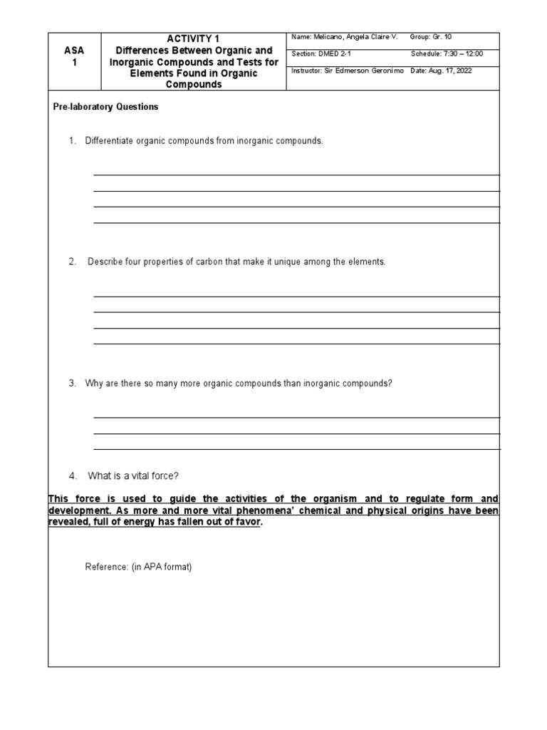 Lab Activity 1 Differences Between Organic and Inorganic Compounds and ...