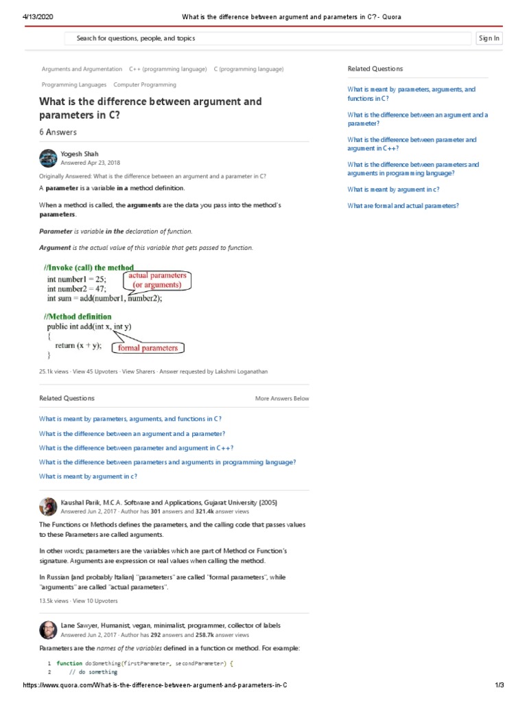 What Is The Difference Between Argument and Parameters in C - Quora | PDF