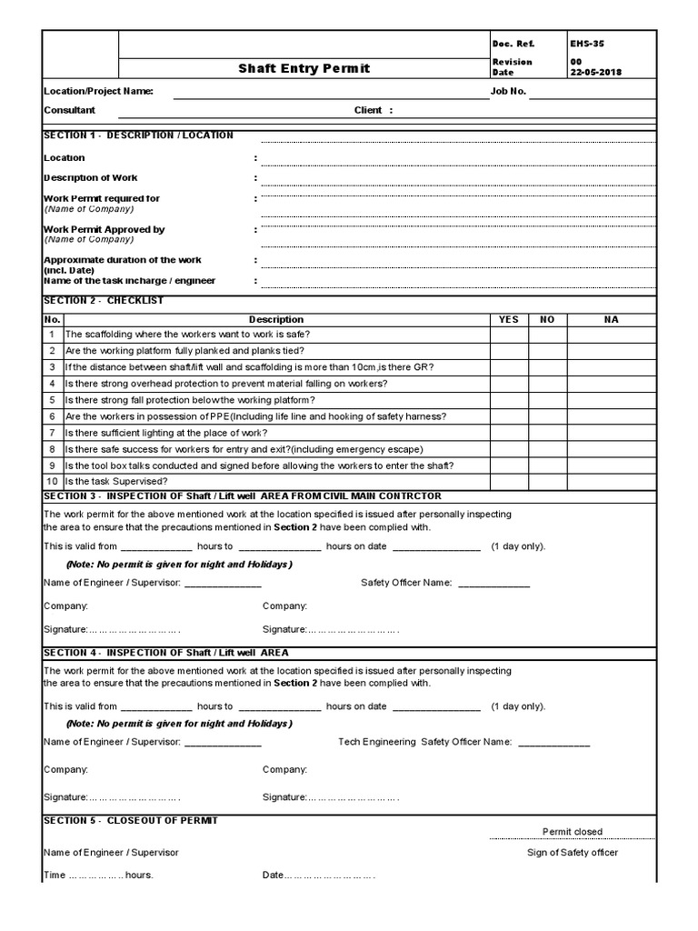 35 Shaft Entry Permit TC | PDF | Elevator