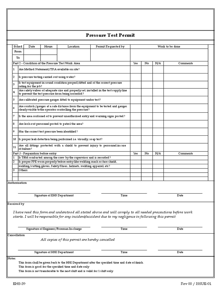 39 Pressure test Permit | PDF | Personal Protective Equipment | Equipment
