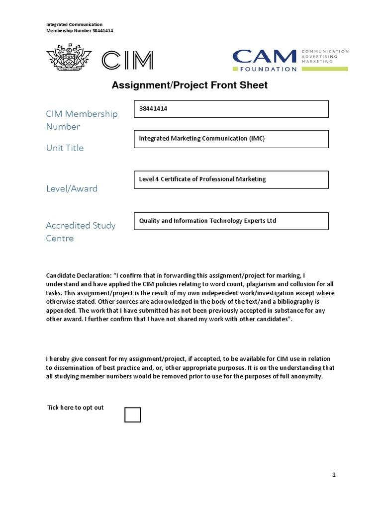 CIM Membership Number Unit Title: Assignment/Project Front Sheet ...