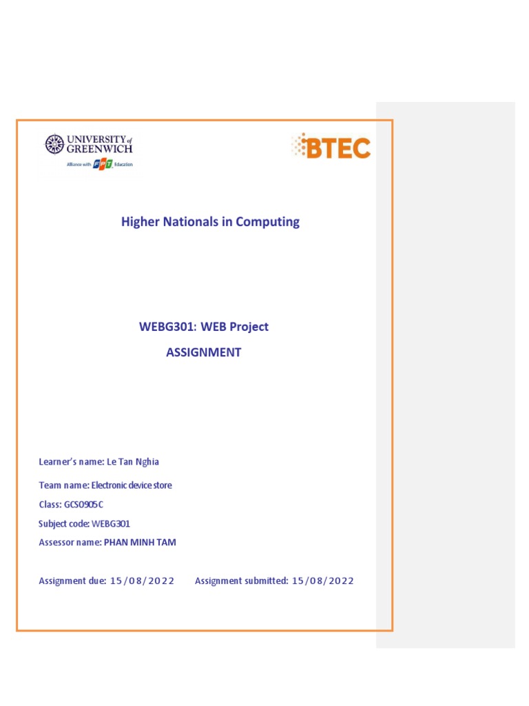 Higher Nationals in Computing: WEBG301: WEB Project Assignment | PDF | Software Development ...