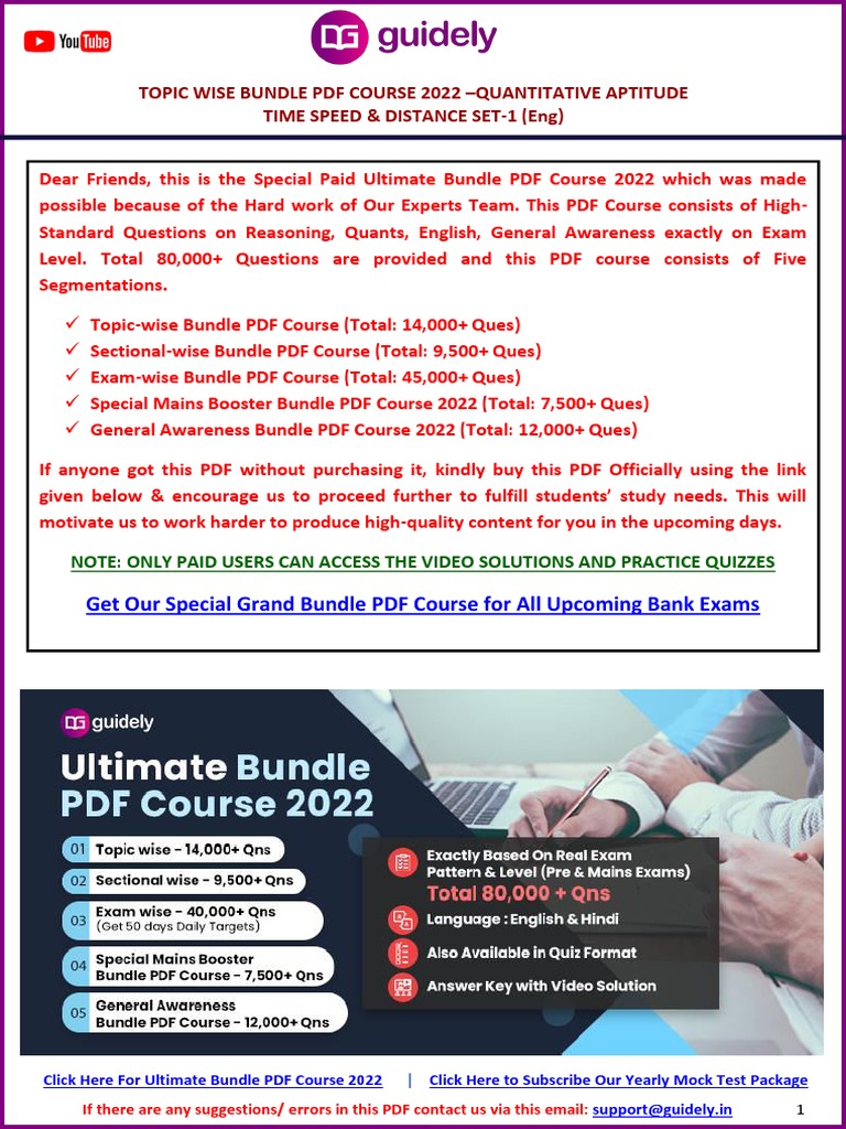 Topic Wise Bundle PDF Course 2022 - Quantitative Aptitude Time Speed & Distance Set-1 (Eng ...