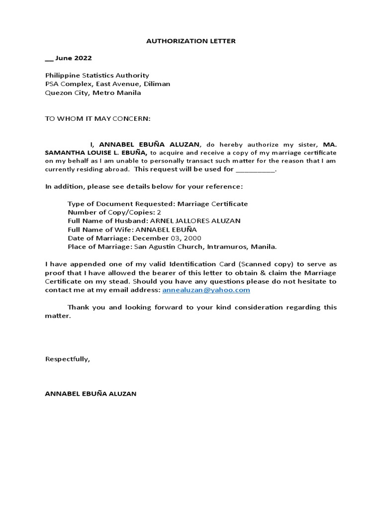 Authorization Letter - Marriage Certificate - PSA | PDF | Social ...