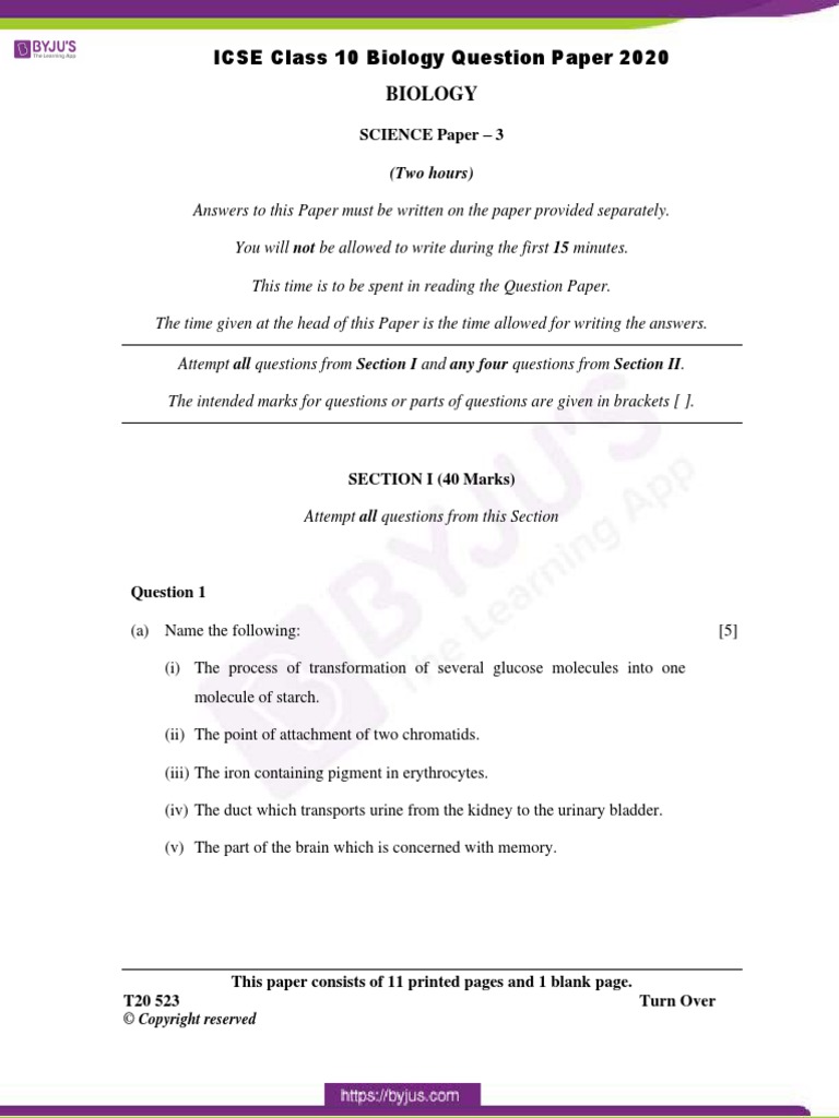 ICSE Class 10 Biology Question Paper 2020 | PDF | Dominance (Genetics ...