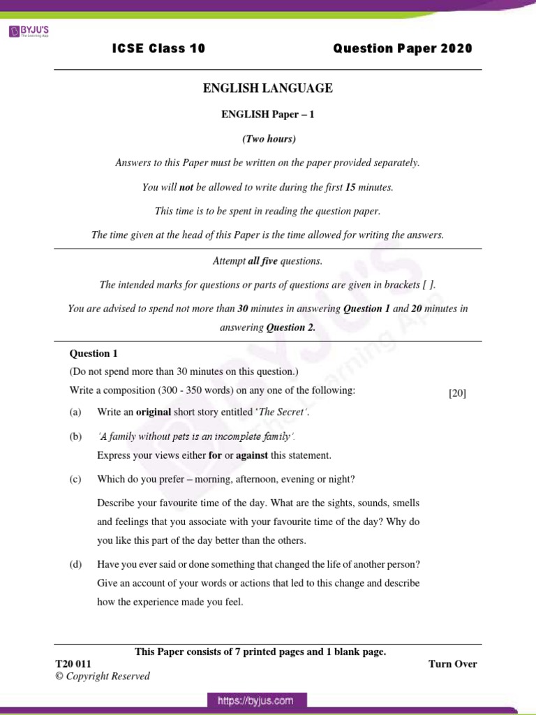 ICSE Class 10 English Language Question Paper 2020 | PDF | Question
