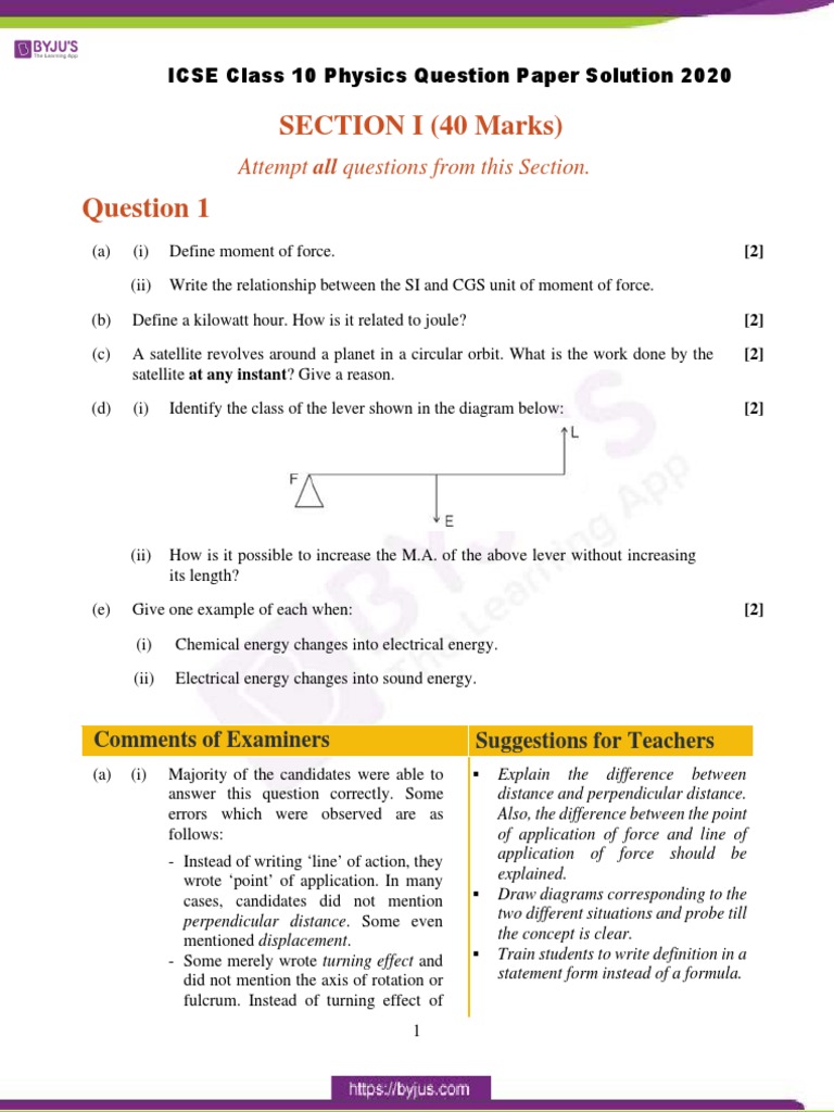 Analysis of ICSE Class 10 Physics Question Paper Solution 2020 | PDF ...