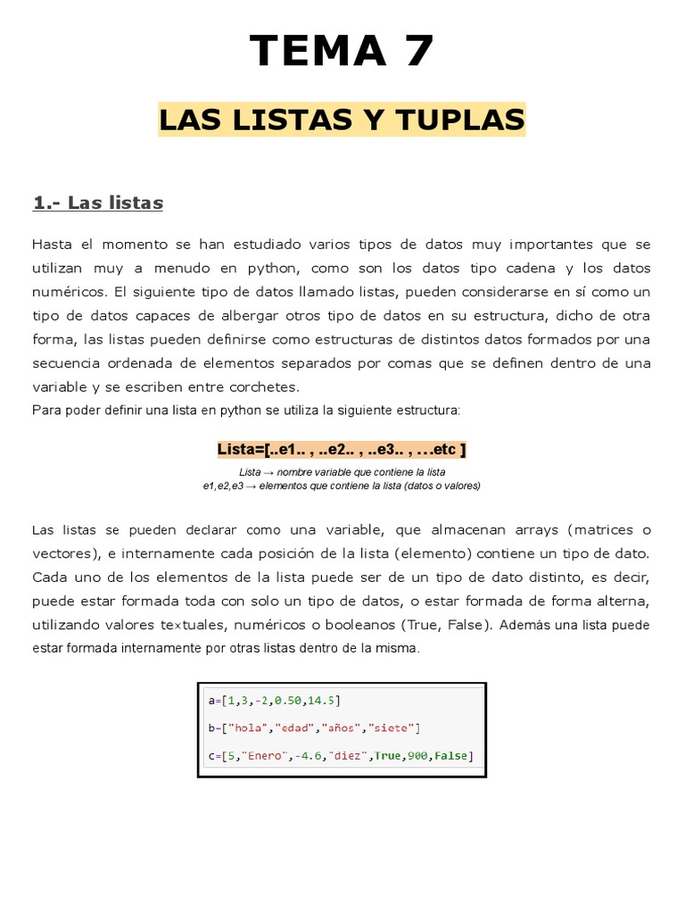 Tema 7 - Las Listas y Tuplas | PDF | Estructura de datos de matriz | Tipo de datos