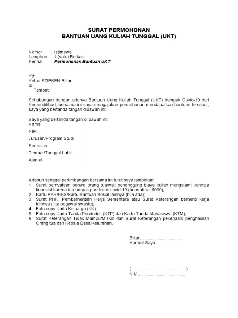 Surat Permohonan Bantuan Ukt | PDF