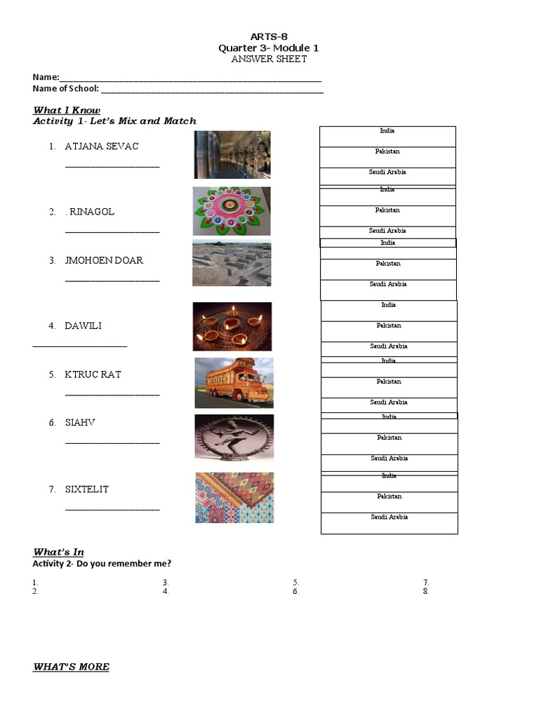 What I Know Activity 1-Let's Mix and Match: ARTS-8 Quarter 3 - Module 1 ...