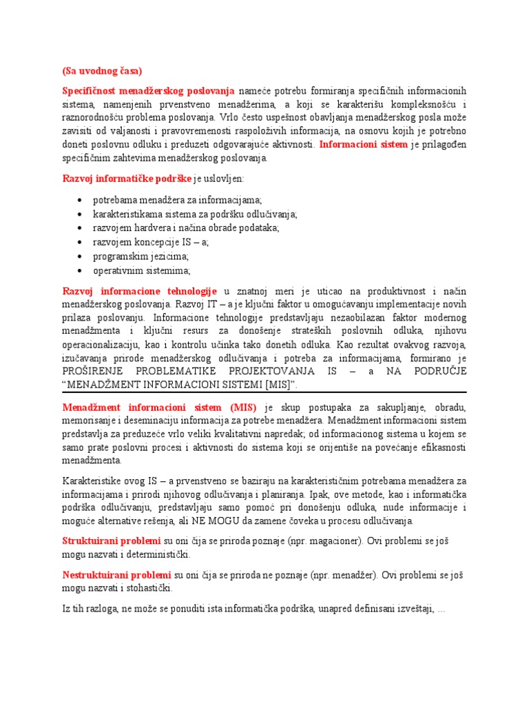 Menadžment Informacioni Sistemi (KOLOKVIJUM) | PDF