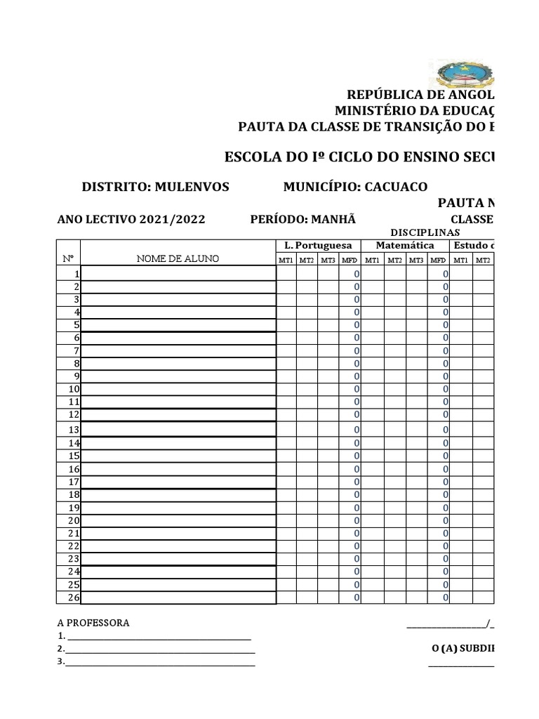 PAUTA 1 Até 5 CLASSE | PDF | Educação primária | Ensino médio