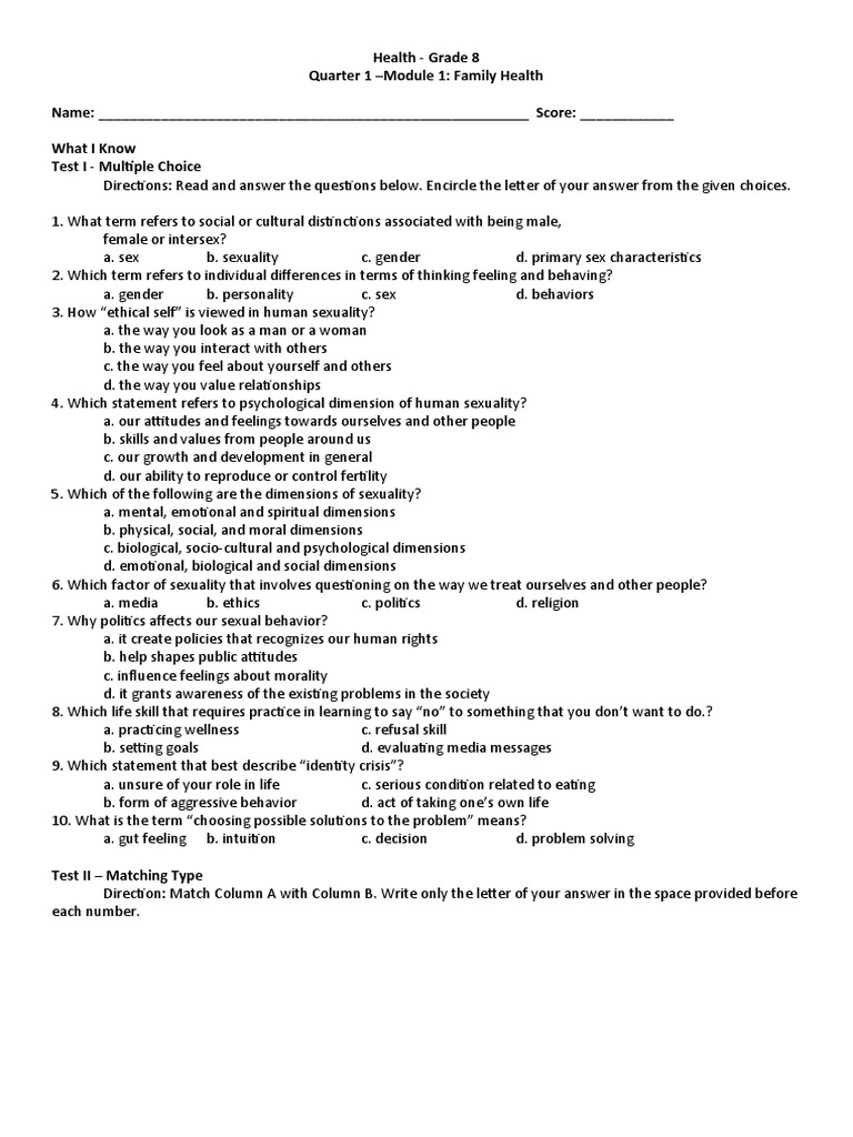 Health - Grade 8 Quarter 1 - Module 1: Family Health Name: - Score ...