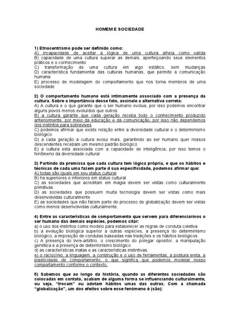 Prova Homem e Sociedade (Unip) | PDF | Antropologia | Humano