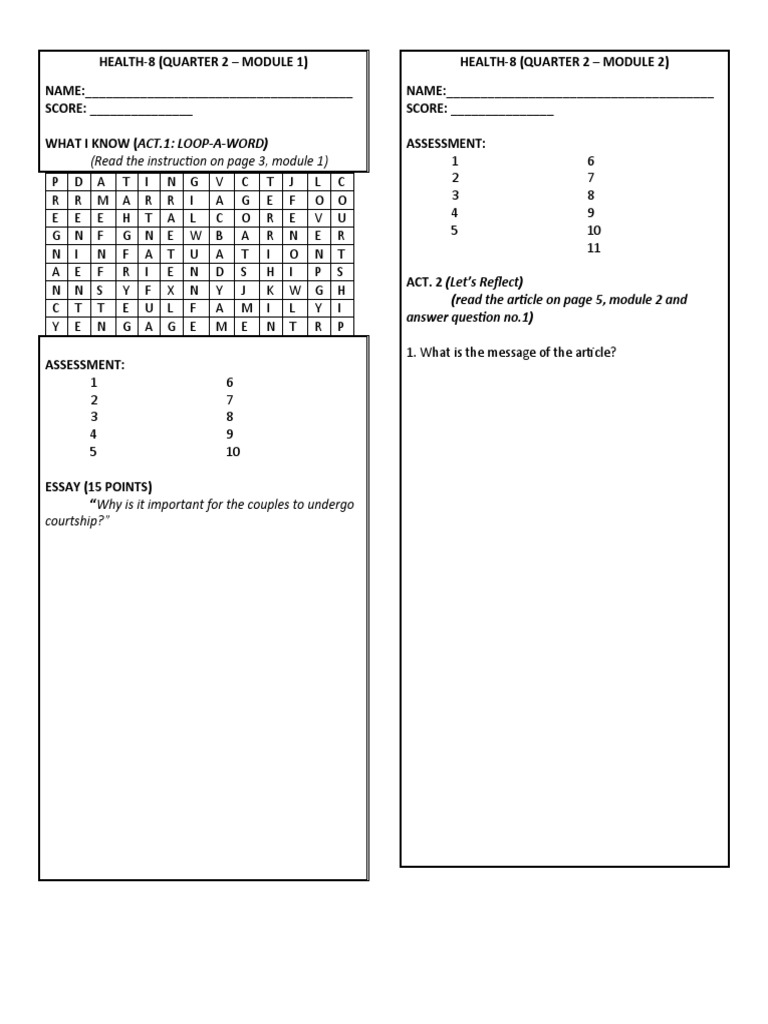 HEALTH-8 Q2 M1 (Answer Sheet) | PDF