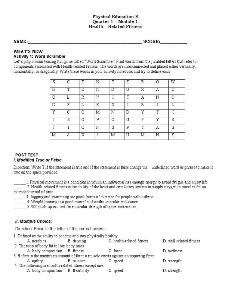 P E 8 Q1 M1 Answer Sheet Pdf Physical Fitness Recreation