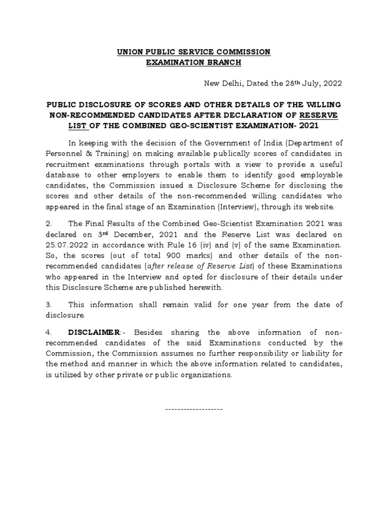 Notification UPSC Geo Scientist Posts Reserve List | PDF | Bachelor Of Science | Physical Sciences