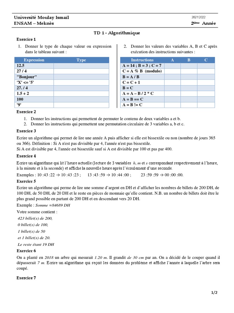 TD1 Algo 2021 2022 | PDF | Entier naturel | Nombre premier