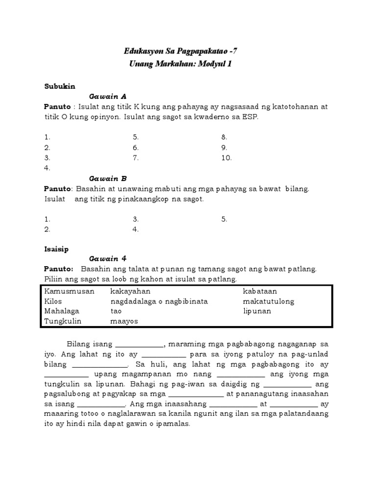 EsP7-Q1 - M1-ACTIVITY SHEET | PDF
