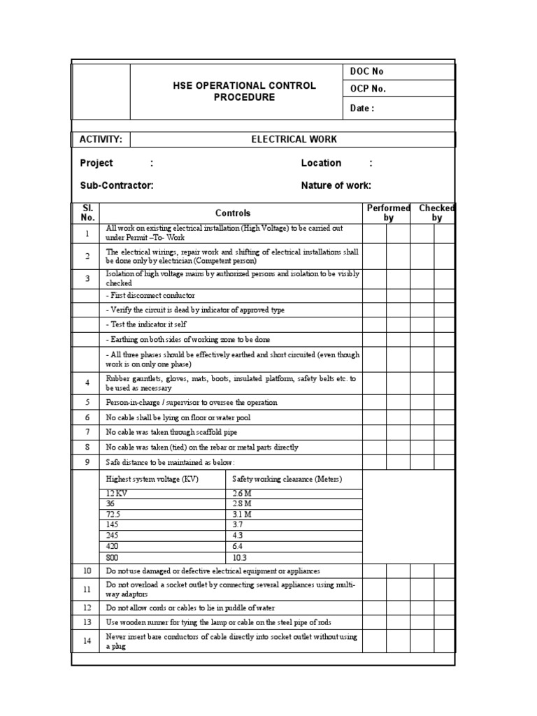 HSE Operational Control Procedure For Electrical Work | PDF ...