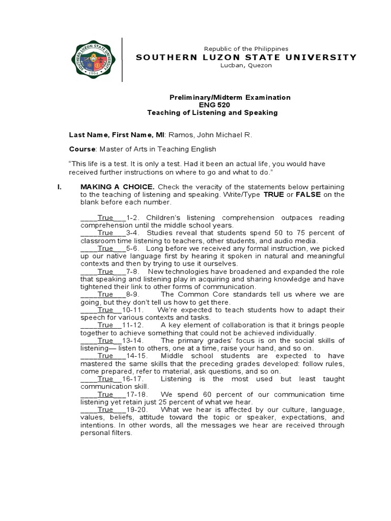 ENG 520. Preliminary Examination | PDF | Learning | Teaching Method