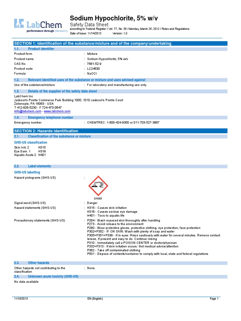 Sodium Hypochlorite Safety Data Sheet | PDF | Firefighting | Toxicity