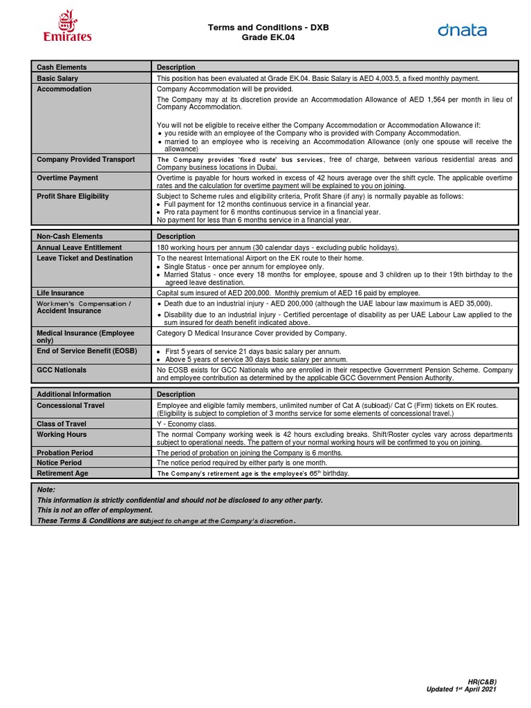 Terms and Conditions - DXB Grade EK.04 | PDF | Overtime | Employment