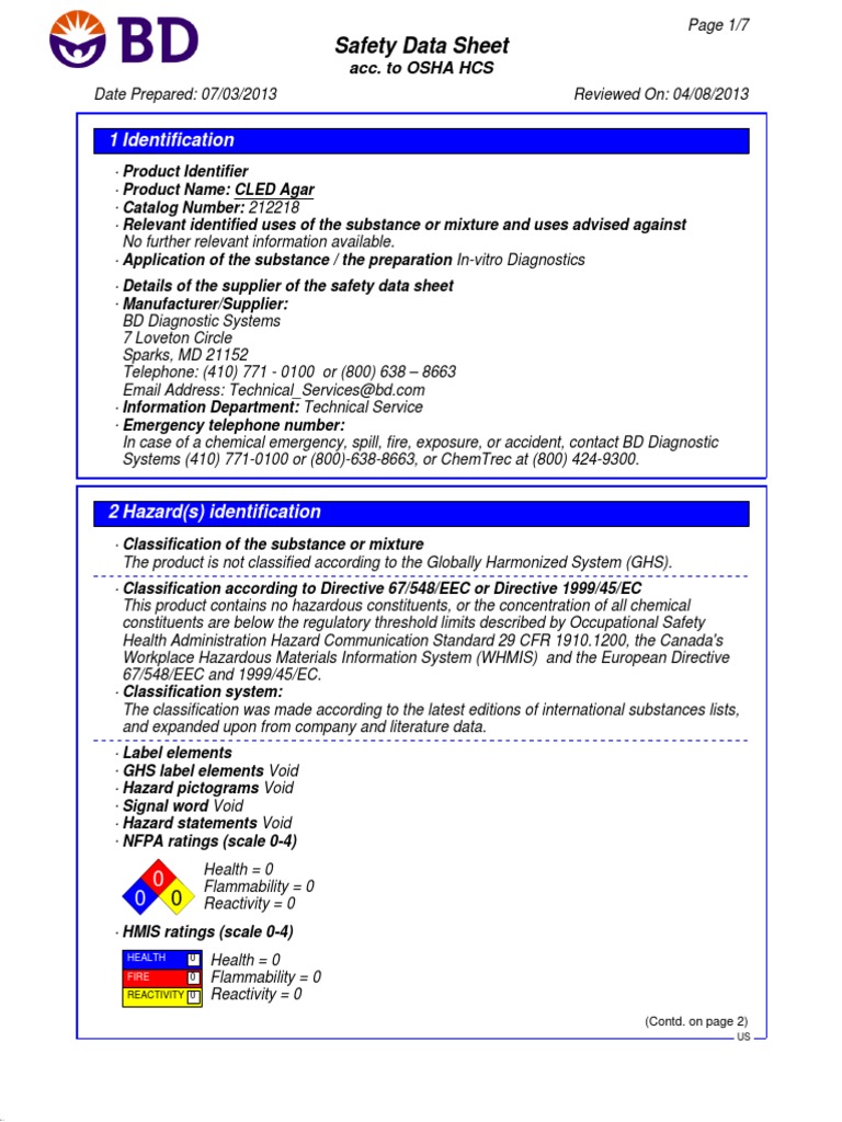 Safety Data Sheet: 1 Identification | PDF | Dangerous Goods | Working Conditions