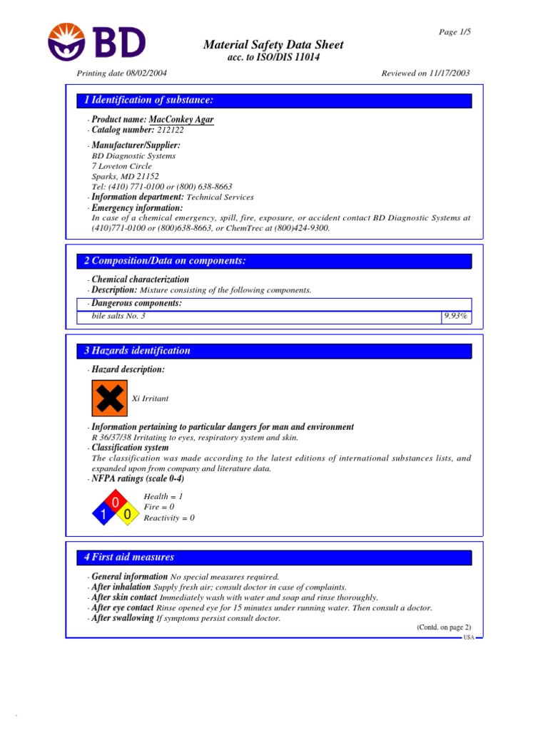 Material Safety Data Sheet: 1 Identification of Substance | PDF | Dangerous Goods | Toxicity
