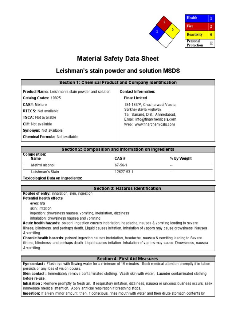 Material Safety Data Sheet: Leishman's Stain Powder and Solution MSDS ...