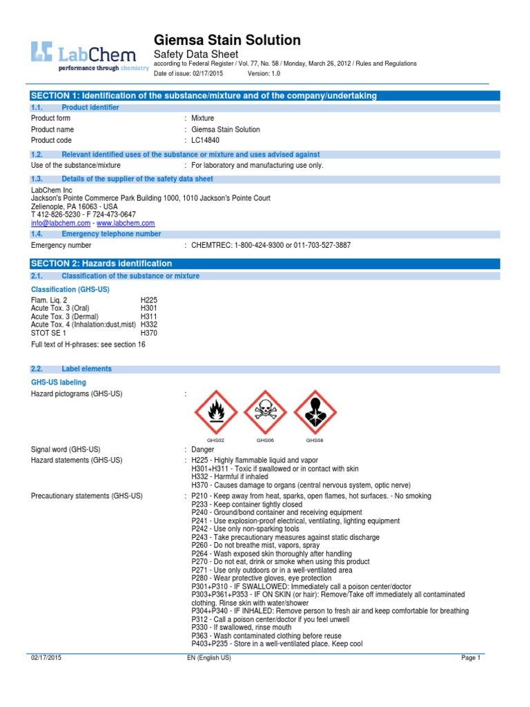 Giemsa Stain Solution: Safety Data Sheet | Download Free PDF | Firefighting | Toxicity