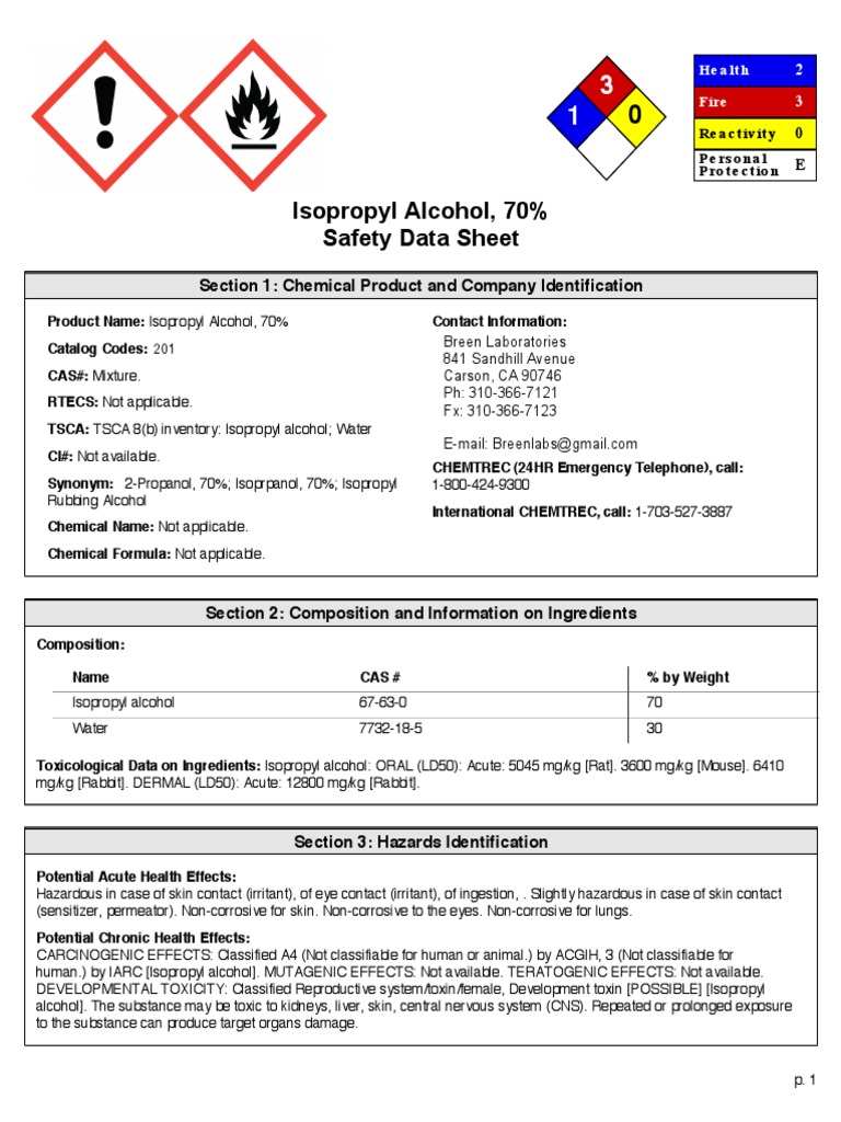 Isopropyl Alcohol 70% Safety Data Sheet | PDF | Ethanol | Water