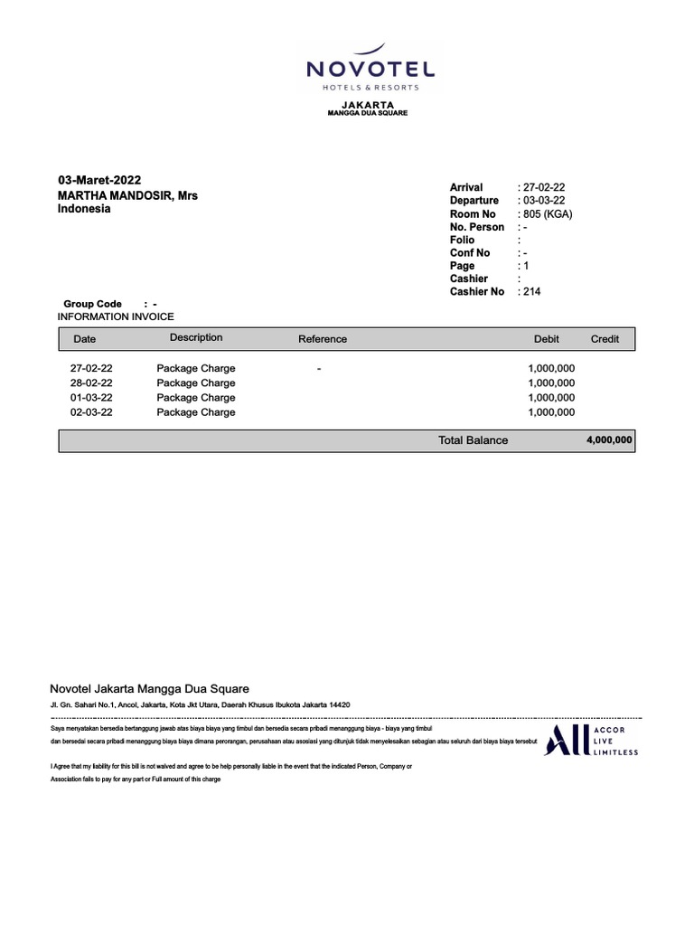 Novotel Jakarta Mangga Dua Square invoice | PDF
