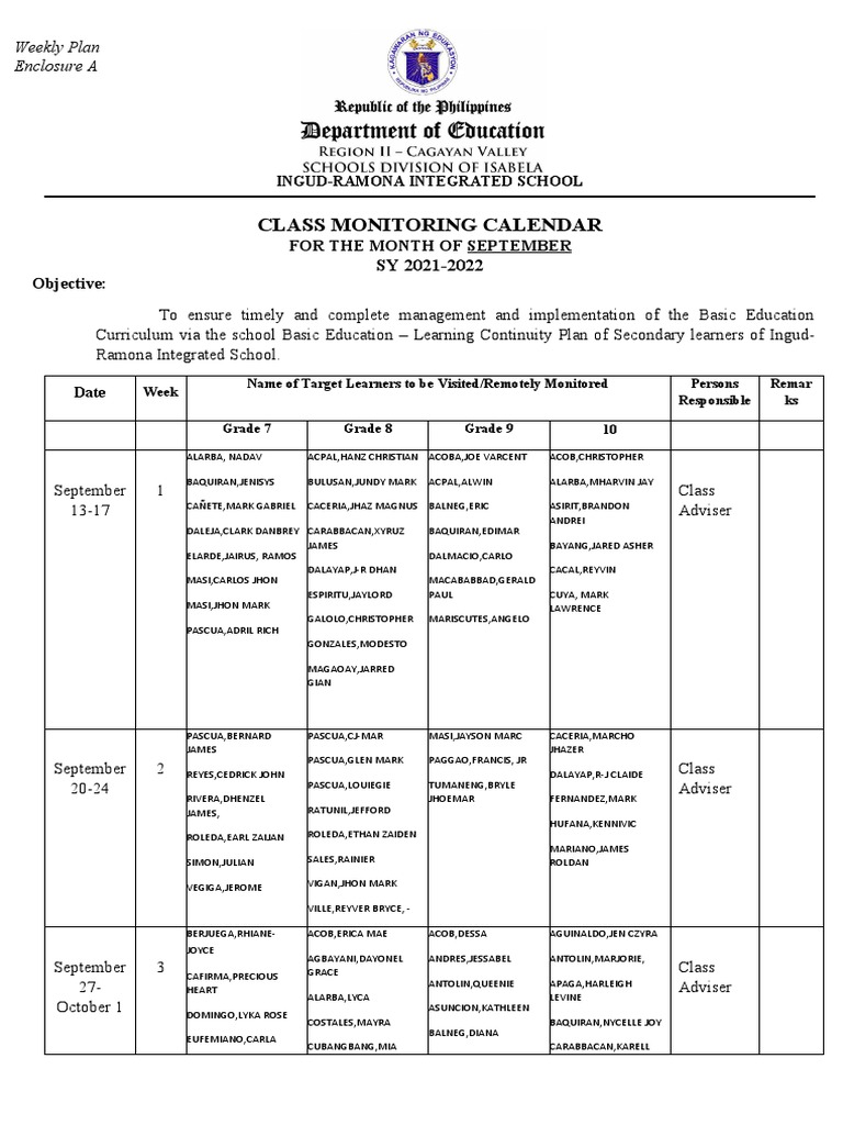 Class Monitoring Calendar: For The Month of September Objective | PDF ...
