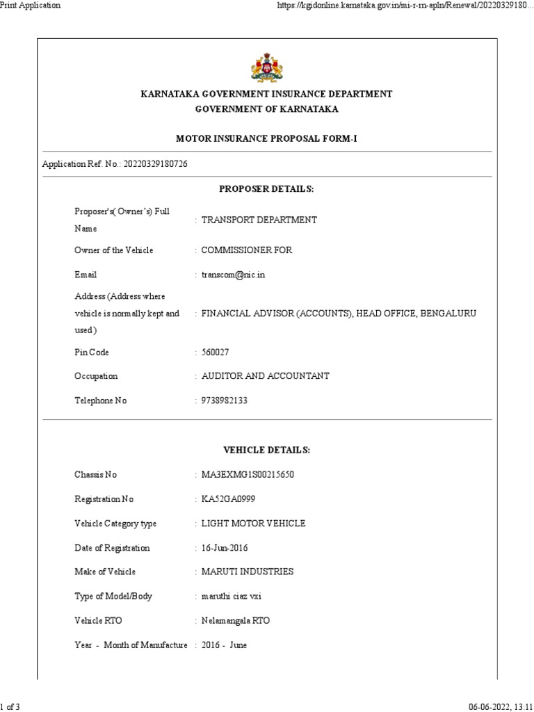 Karnataka Government Insurance Department Government of Karnataka Motor ...