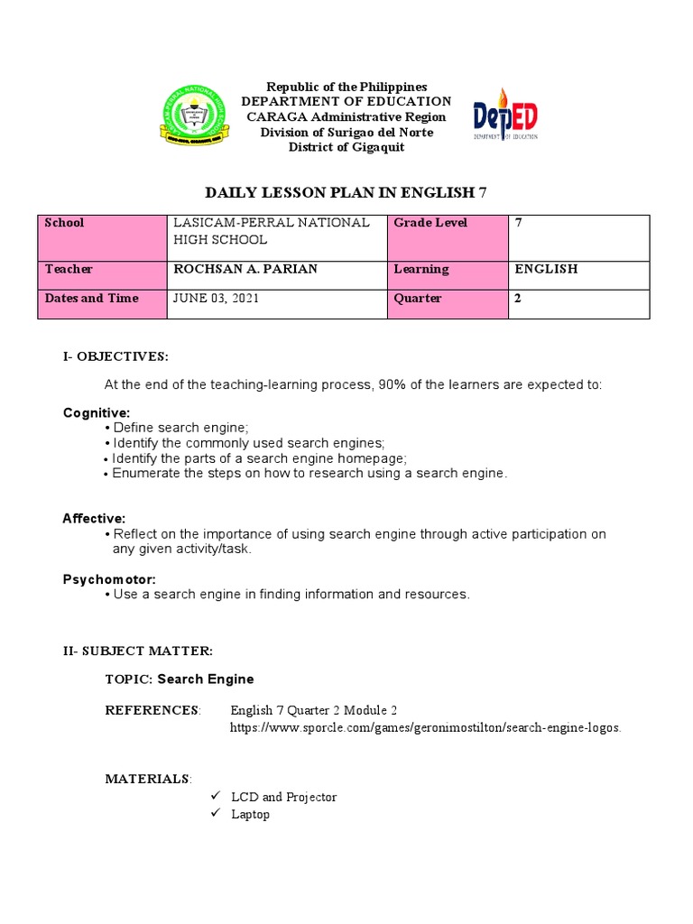 Daily Lesson Plan in English 7 | PDF | Learning | Cognition