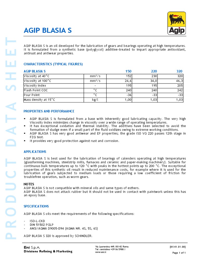 Characteristics (Typical Figures) Agip Blasia S 150 220 320 | PDF ...