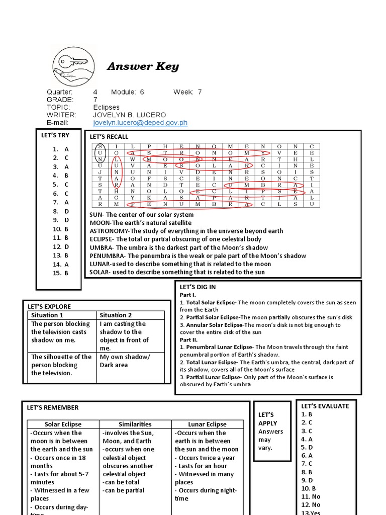 Answer Key: Jovelyn - Lucero@deped - Gov.ph | PDF | Solar Eclipse | Shadow