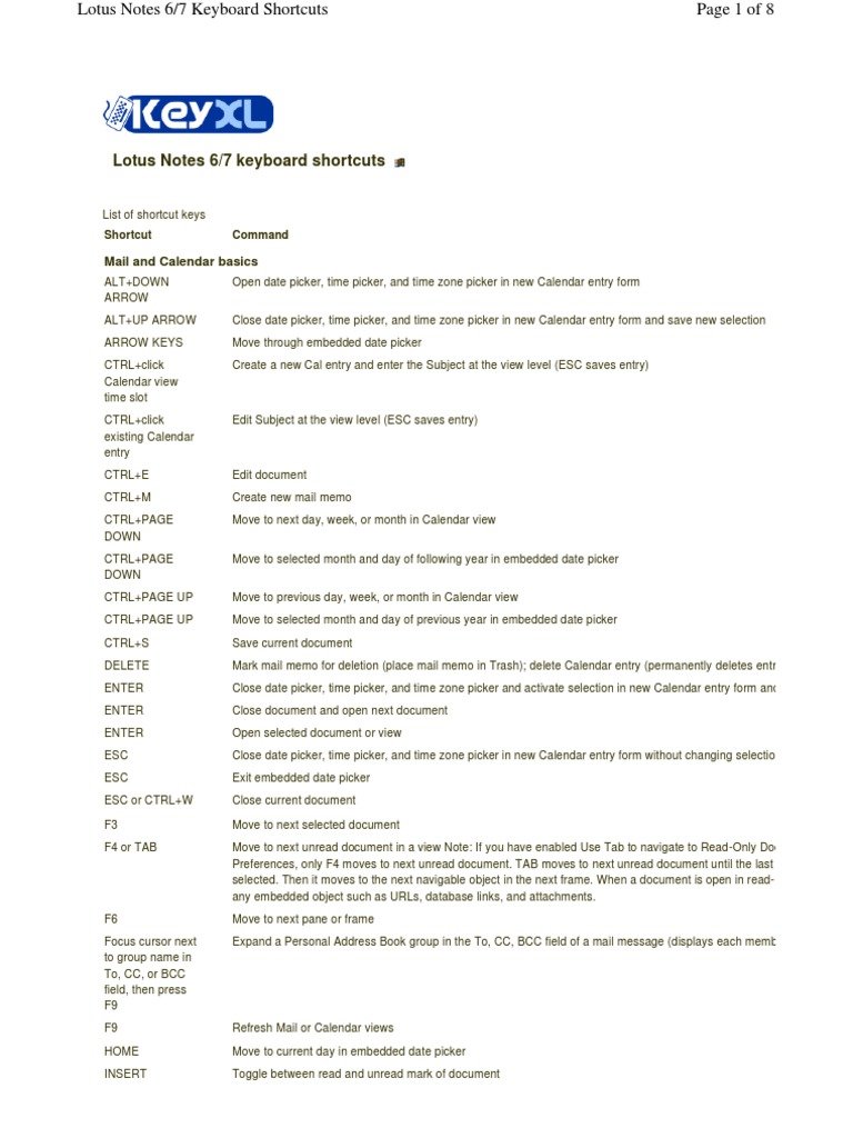 Lotus Notes Keyboard Shortcuts | PDF | Computer Keyboard | Tab (Gui)