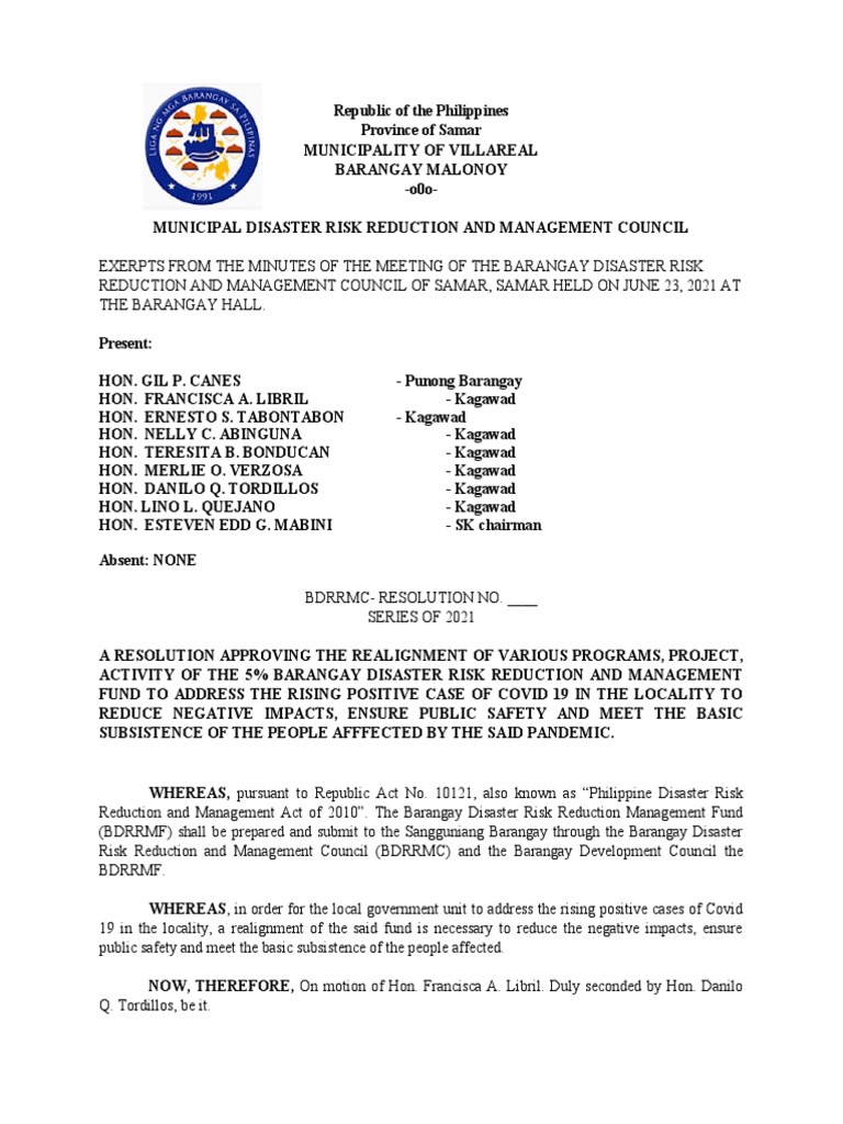 BDDRMC Resolution | PDF | Government